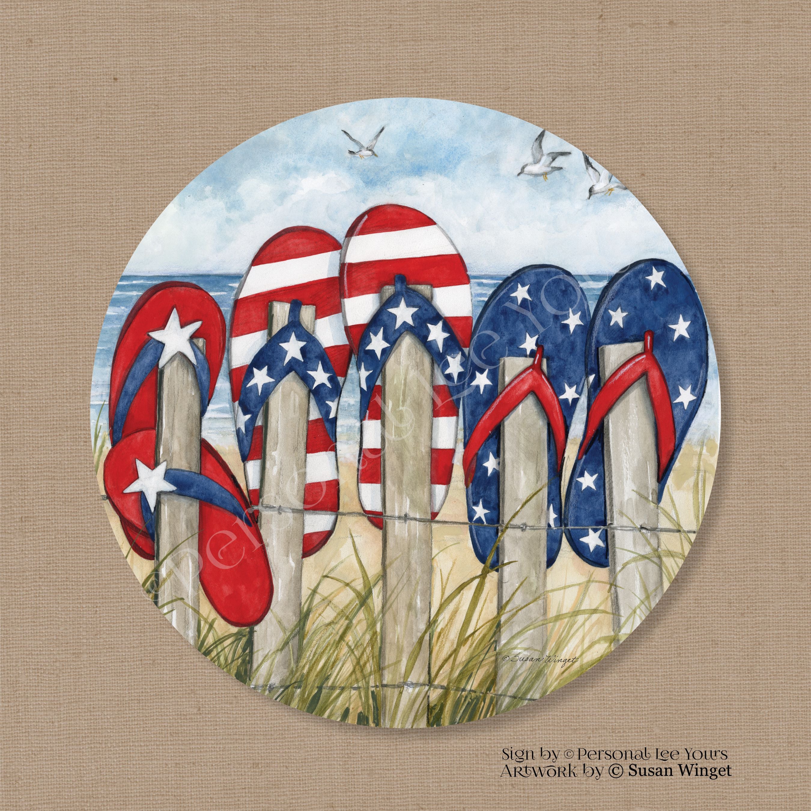 Personal Lee Yours Best Wreath Signs, Susan Winget's Flag Flip Flops Round