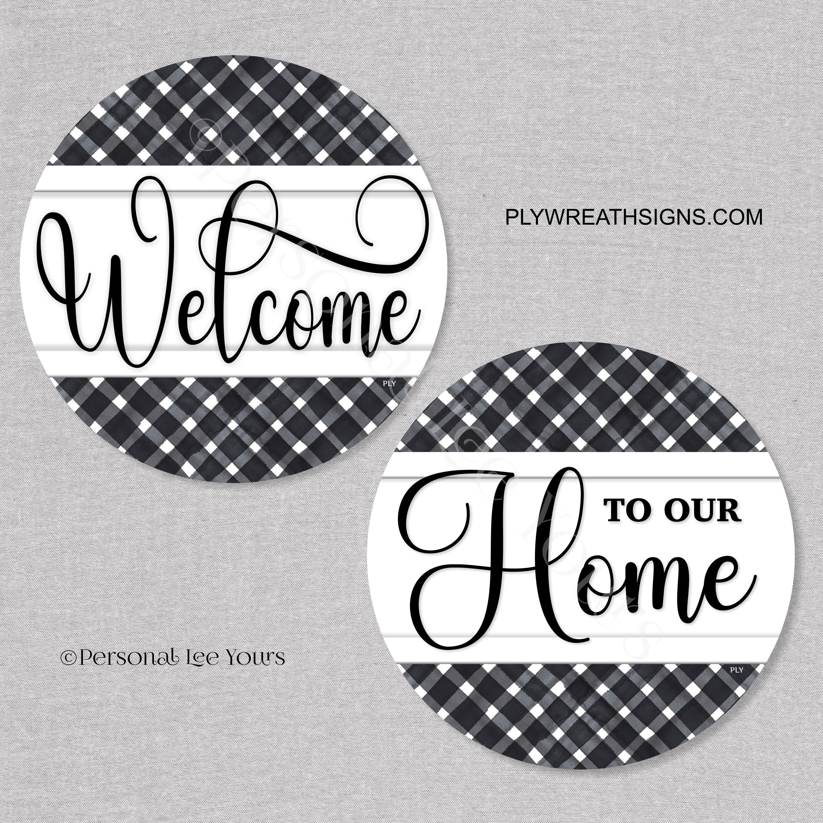 Personal Lee Yours Wreath Signs, Double Doors, Black/White Gingham, Round