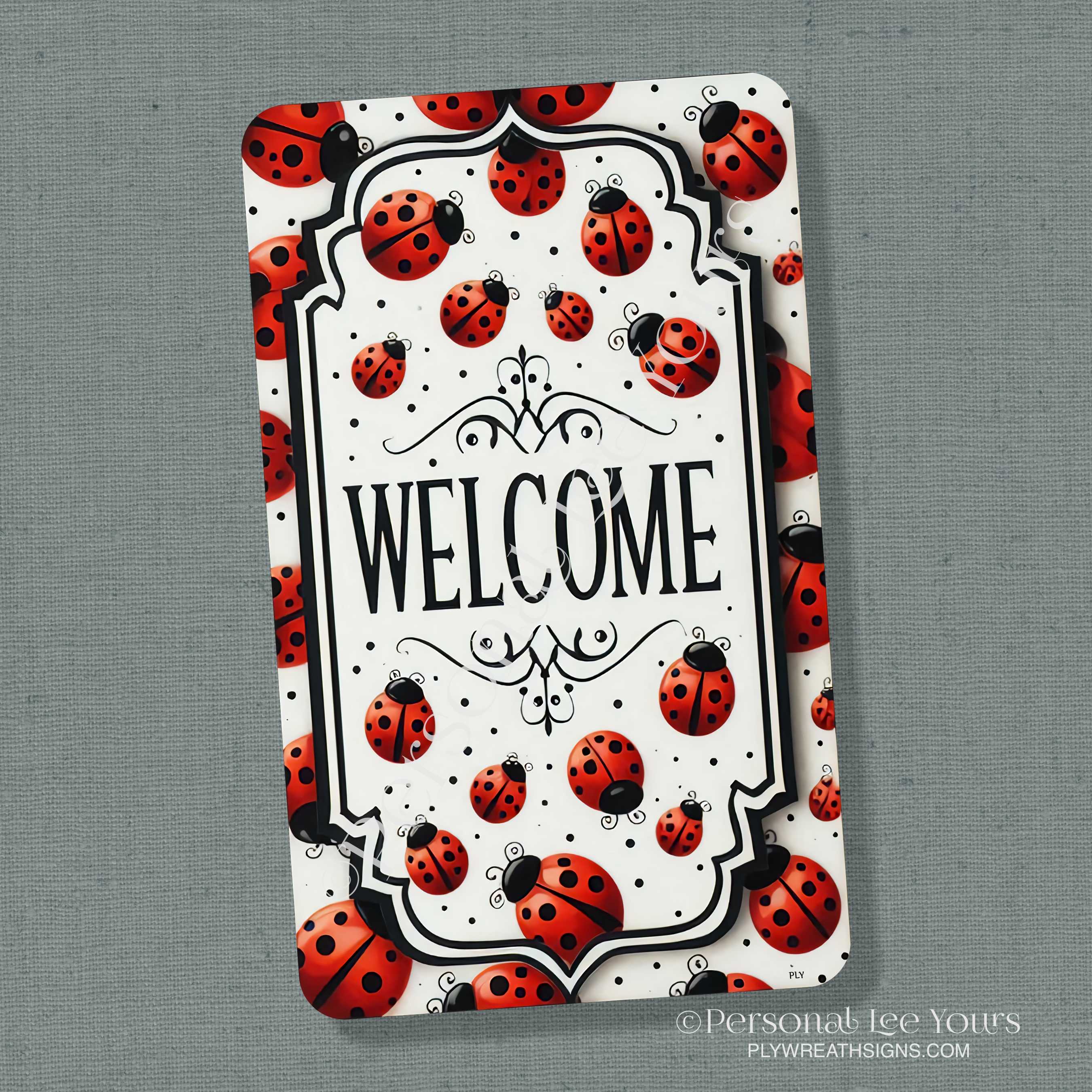 Personal Lee Yours Wreath Signs, Ladybug Welcome 2, Vertical