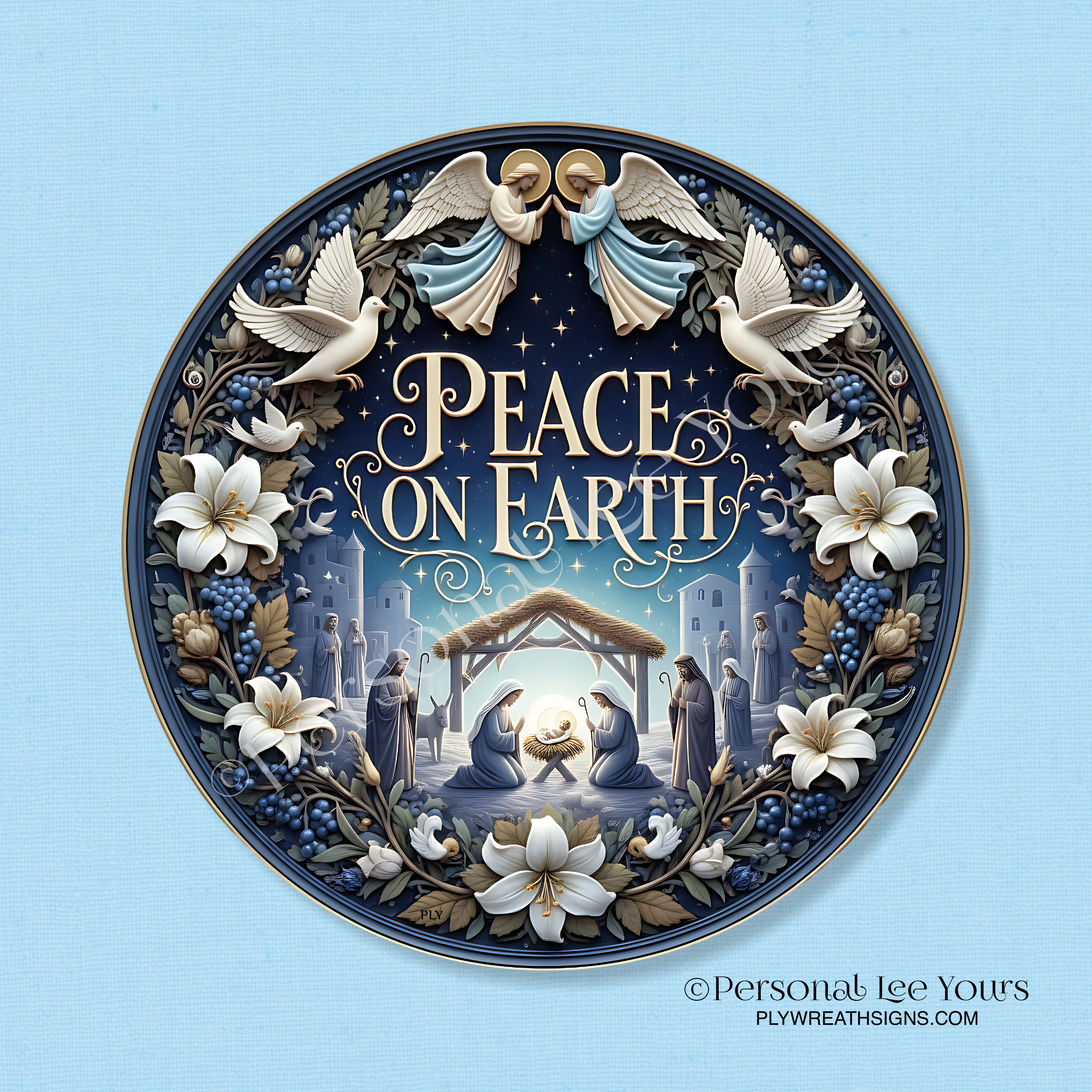 Personal Lee Yours Wreath Signs, Peace On Earth Nativity, Round