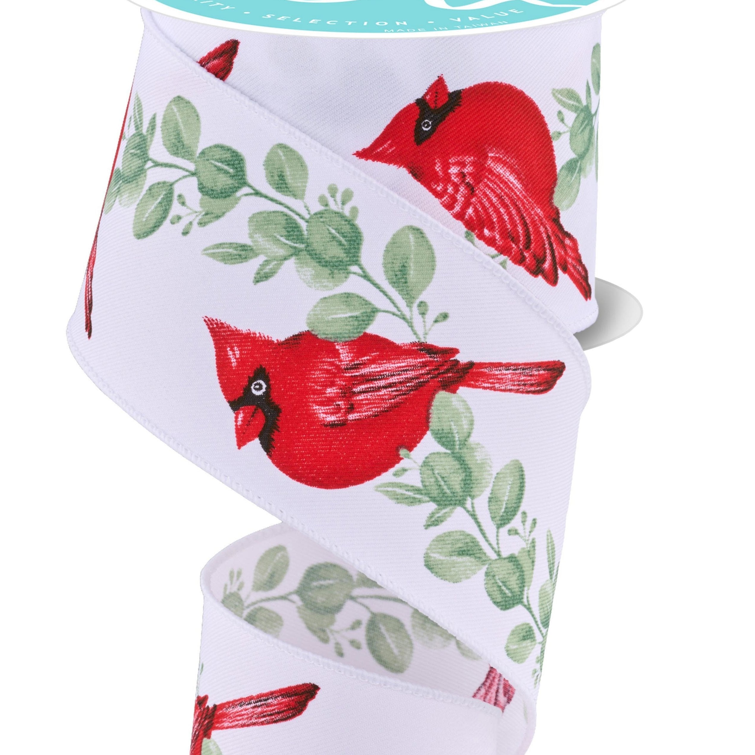 Wired Ribbon * Cardinal With Eucalyptus * Canvas * 2.5" x 10 Yards * R ...