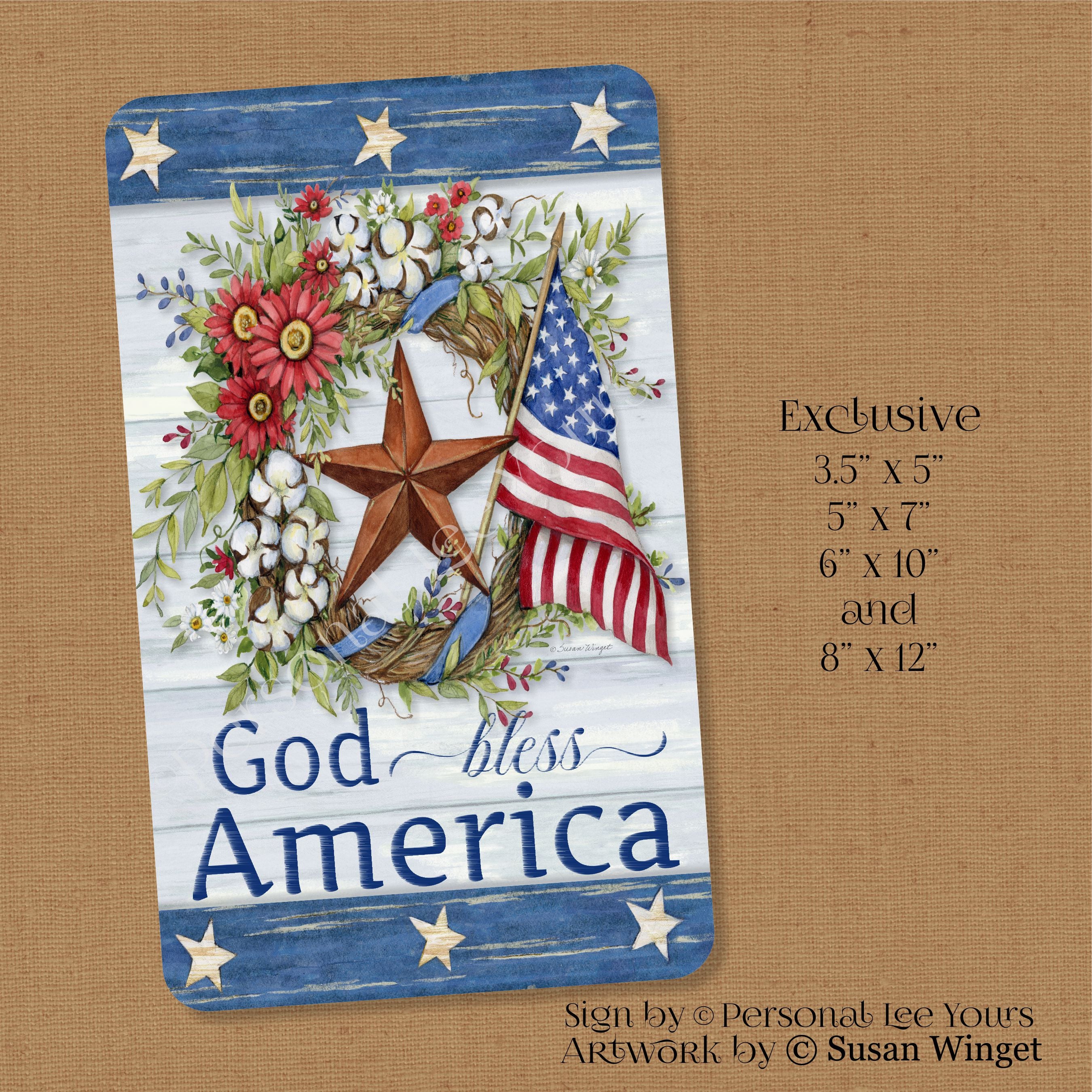 Personal Lee Yours Susan Winget Patriotic Floral Wreath Vertical Sign