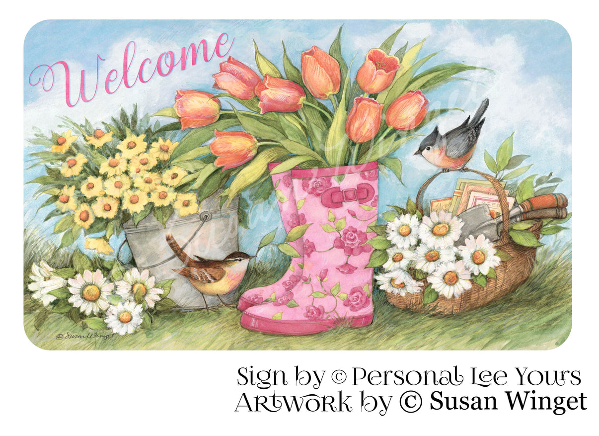 Susan Winget Exclusive Sign * Spring Rain Boots Welcome * 3 Sizes * Li ...